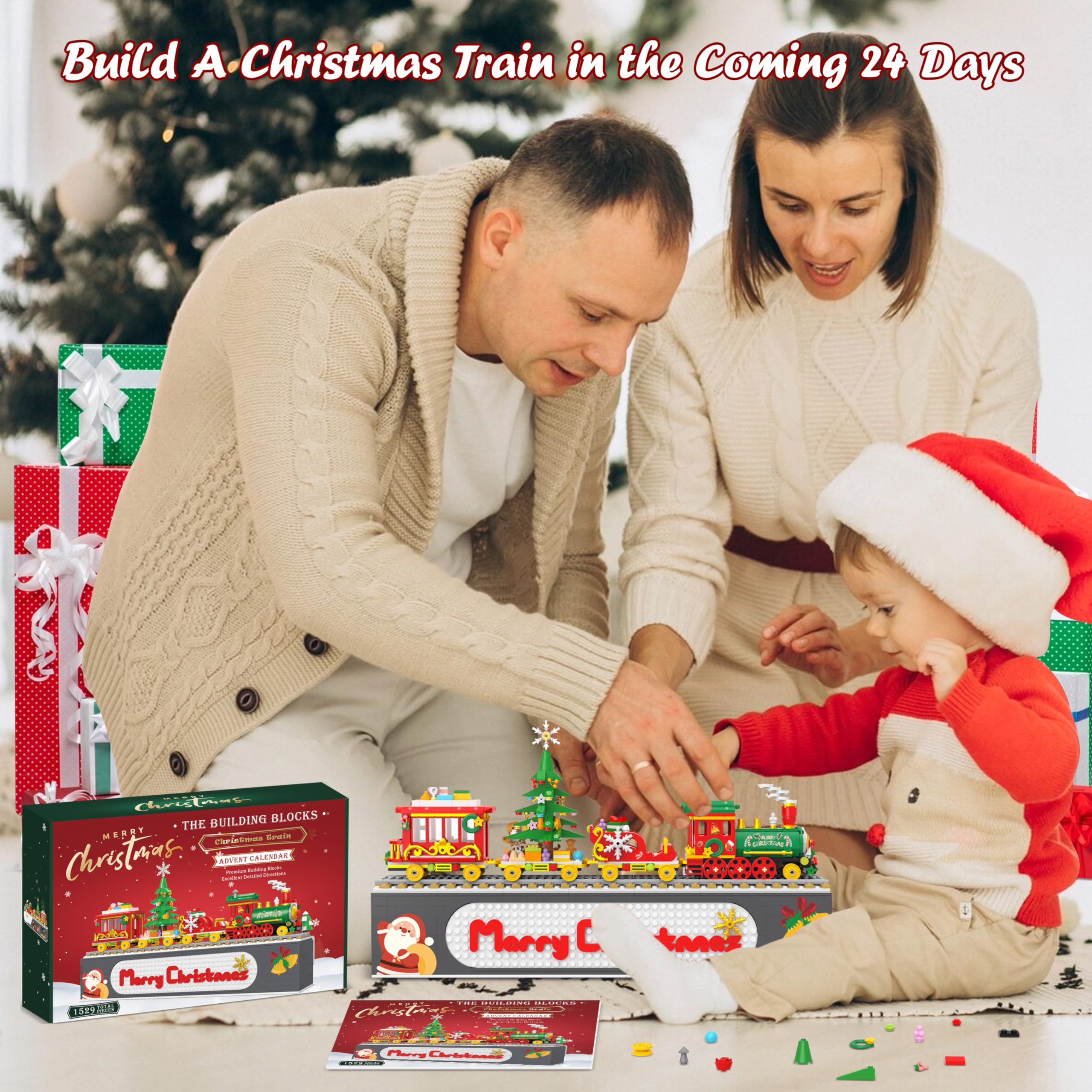 Advent Calendar 2023 Christmas Train Building Blocks Set, 24 Boxes-1529 Pieces Christmas Train with Lights Display Building Kits for Adults and Kids Countdown to Christmas Thanksgiving Gifts