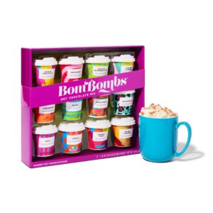 bombombs, hot chocolate mix gift set with mini cup packaging, dessert flavors include rocky road, cookies butter, pumpkin pie & more, set of 12