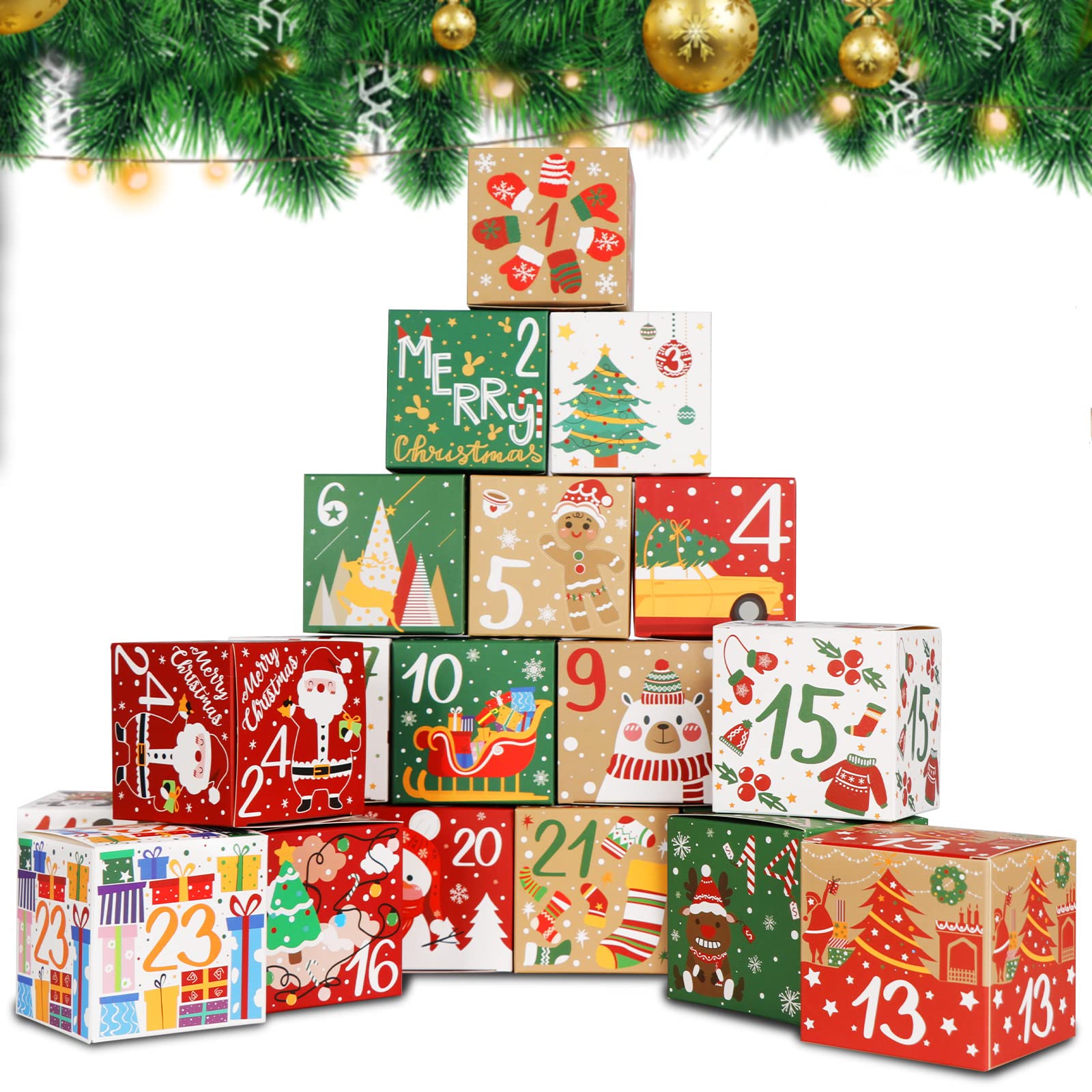 OurWarm Christmas Advent Calendar Boxes 2023, 24 Days Christmas Countdown Calendar Cardboard Number Gift Boxes Countdown to Christmas Empty Advent Calendar Candy Box for Adult Kids Xmas Holiday Decor