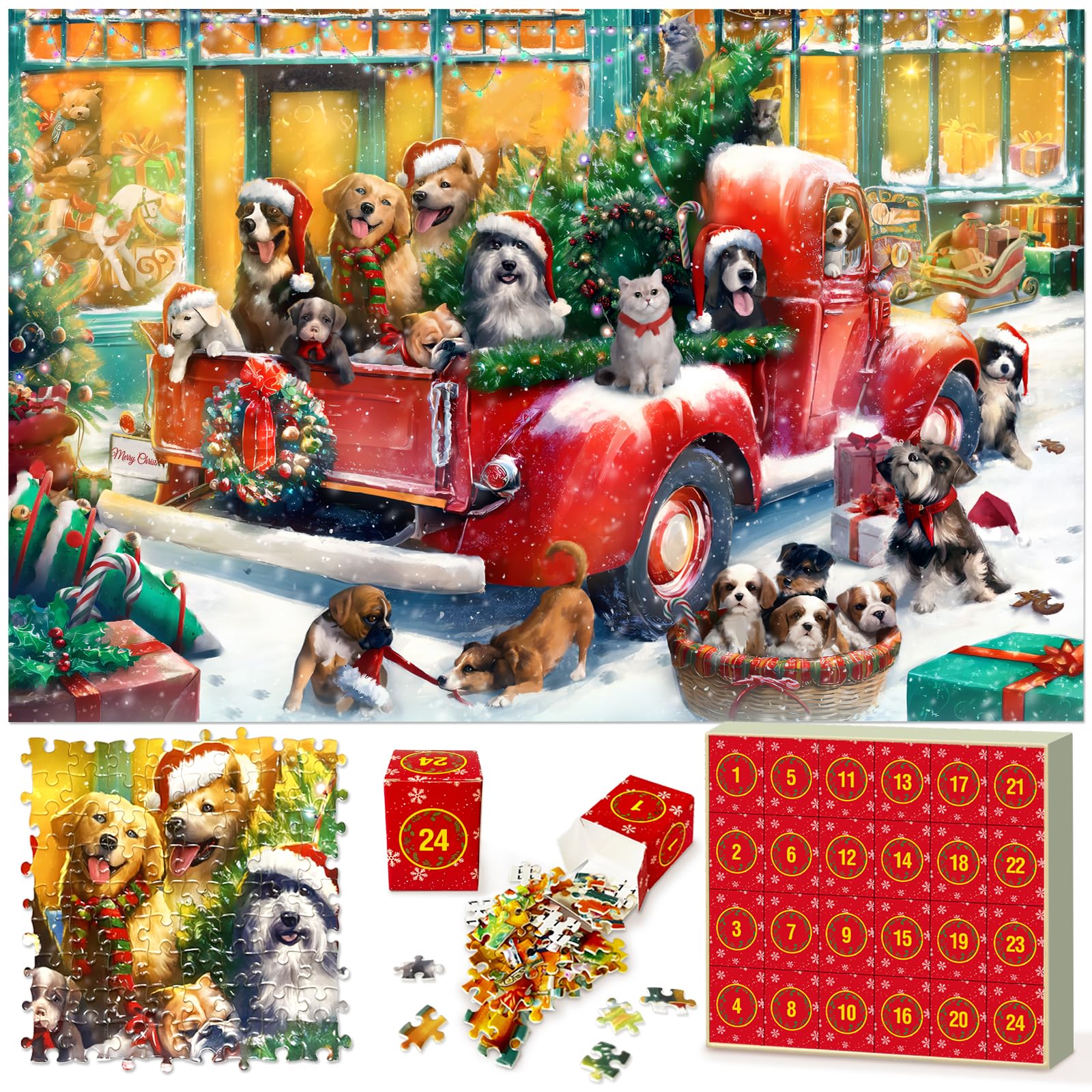 Advent Calendar 2024, Christmas Puzzle for Kids and Adults, 24 Days Countdown Calendars for Boys Girls, 1008 Pieces Christmas Puzzle in 24 Boxes, Dog's Christmas(27.56 x 19.68 Inch)