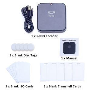 RexID Decoder RFID Reader Writer Proximity Encoder Platform 125kHz Card Copier Key Duplicator Machine Smart Programmer Kit ，5pcs Blank Clamshell Cards + 5pcs Blank ISO Cards + 5pcs Blank Disc Tag