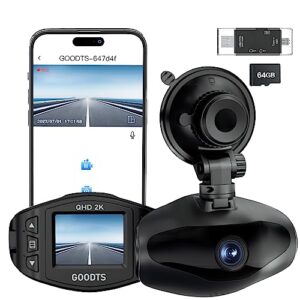 2k dash cam front 1440p, goodts car camera with 2.45” ips screen, mini dash camera for cars with 150°wide angle, dashcam with g-sensor, loop recording, parking monitor, 64gb sd card, sd card reader