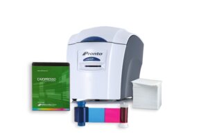 id card maker kit: magicard pronto id printer with two-year warranty, cardpresso id card software, 100 image full color ribbon, and 100 cards