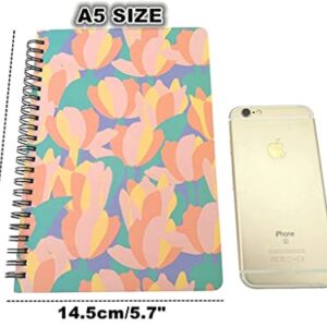 4 Pack A5 Spiral Notebook Journal,Wirebound Ruled Sketch Book Notepad Diary Memo Planner, A5 Size (8.3X5.7") & 80 Sheets (Leaf & Flower)