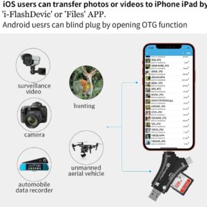 [MFi Certified] 4in1 SD Card Reader for iPhone That Reads Both SD TF Memory simultaneously,for Trail Camera/Hunting Game Camera Viewer Plays Video Photo on All Latest Apple iOS