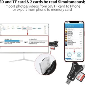 [MFi Certified] 4in1 SD Card Reader for iPhone That Reads Both SD TF Memory simultaneously,for Trail Camera/Hunting Game Camera Viewer Plays Video Photo on All Latest Apple iOS