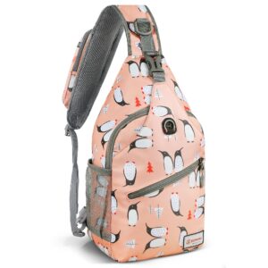 zomake sling bag, penguin pink, nylon, 5 separate compartments, 10" ipad compartment, anti-theft, adjustable reversible shoulder strap, water resistant