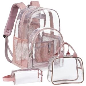 f-color clear backpack - large clear backpack heavy duty with lunch bag and pen bag for adults, women, stadium, travel, transparent backpack, pink (for age 12 or above)