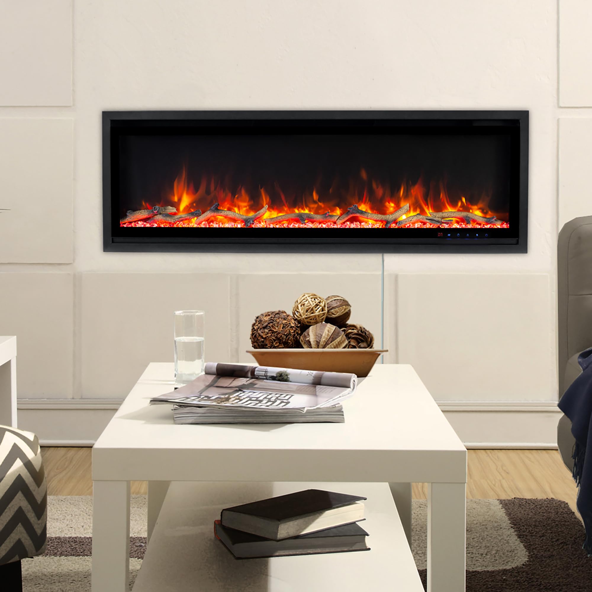 Kennedy II 42 Inch WiFi-Enabled Electric Fireplace, Wall Mount and Insert, Slim Modern Electric Fireplace Insert, Multicolor Realistic Flame, Touch Screen, Remote Control, Logs and Crystals, Black