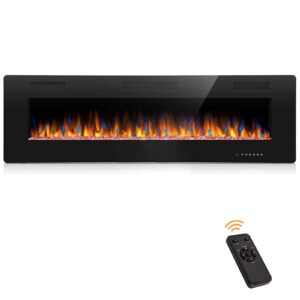 joy pebble 60 inch electric fireplace inserts, in-wall recessed and wall mounted 750/1500w fireplace heater, touch screen, remote control with timer, adjustable flame color and speed