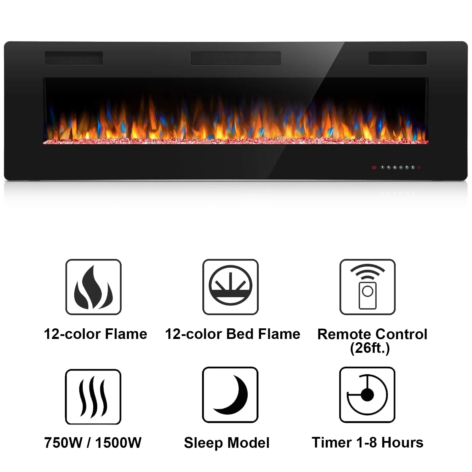 Joy Pebble 60 inch Electric Fireplace Inserts, in-Wall Recessed and Wall Mounted 750/1500W Fireplace Heater, Touch Screen, Remote Control with Timer, Adjustable Flame Color and Speed