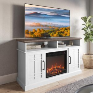 belleze 48" tv stand with 18" electric fireplace heater, modern tv stand for tvs up to 50", entertainment media stand with open shelves and storage cabinets for living room, bedroom (white)