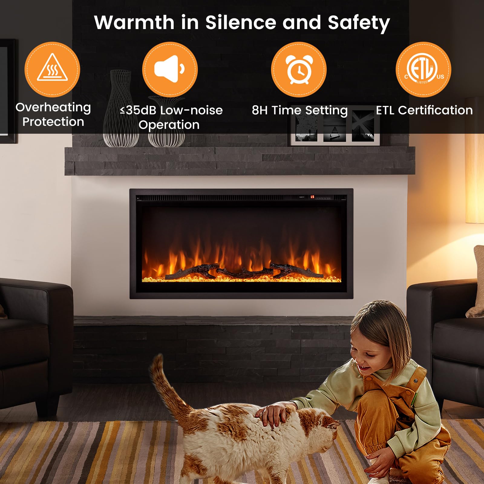 Tangkula 36 Inches Electric Fireplace in-Wall Recessed, Wall Mounted and Freestanding, 750W/1500W Linear Fireplace Heater with Remote Control, Adjustable Flame Color & Brightness (36 Inches)