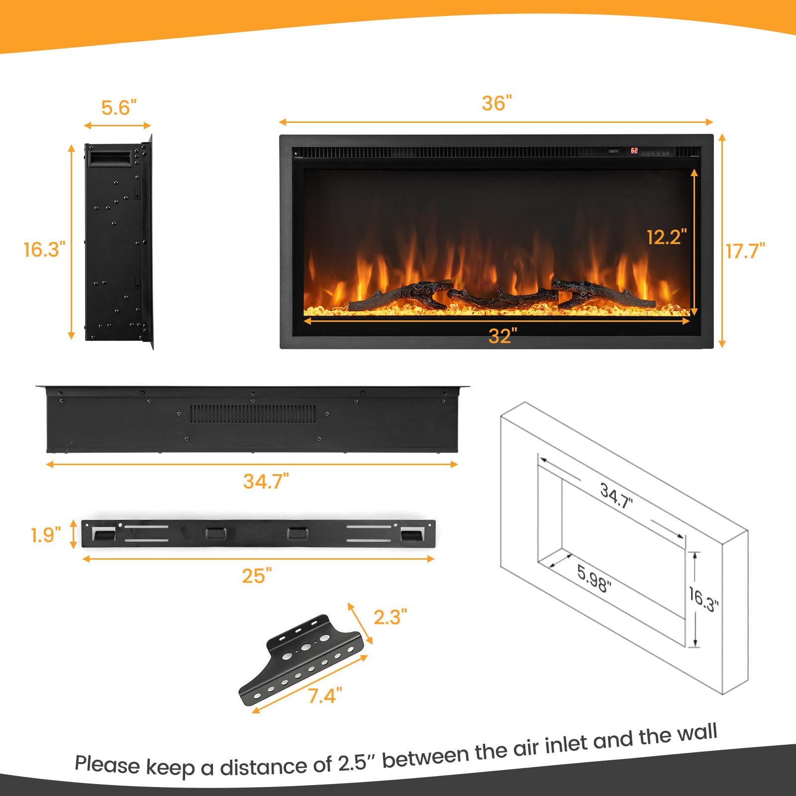 Tangkula 36 Inches Electric Fireplace in-Wall Recessed, Wall Mounted and Freestanding, 750W/1500W Linear Fireplace Heater with Remote Control, Adjustable Flame Color & Brightness (36 Inches)