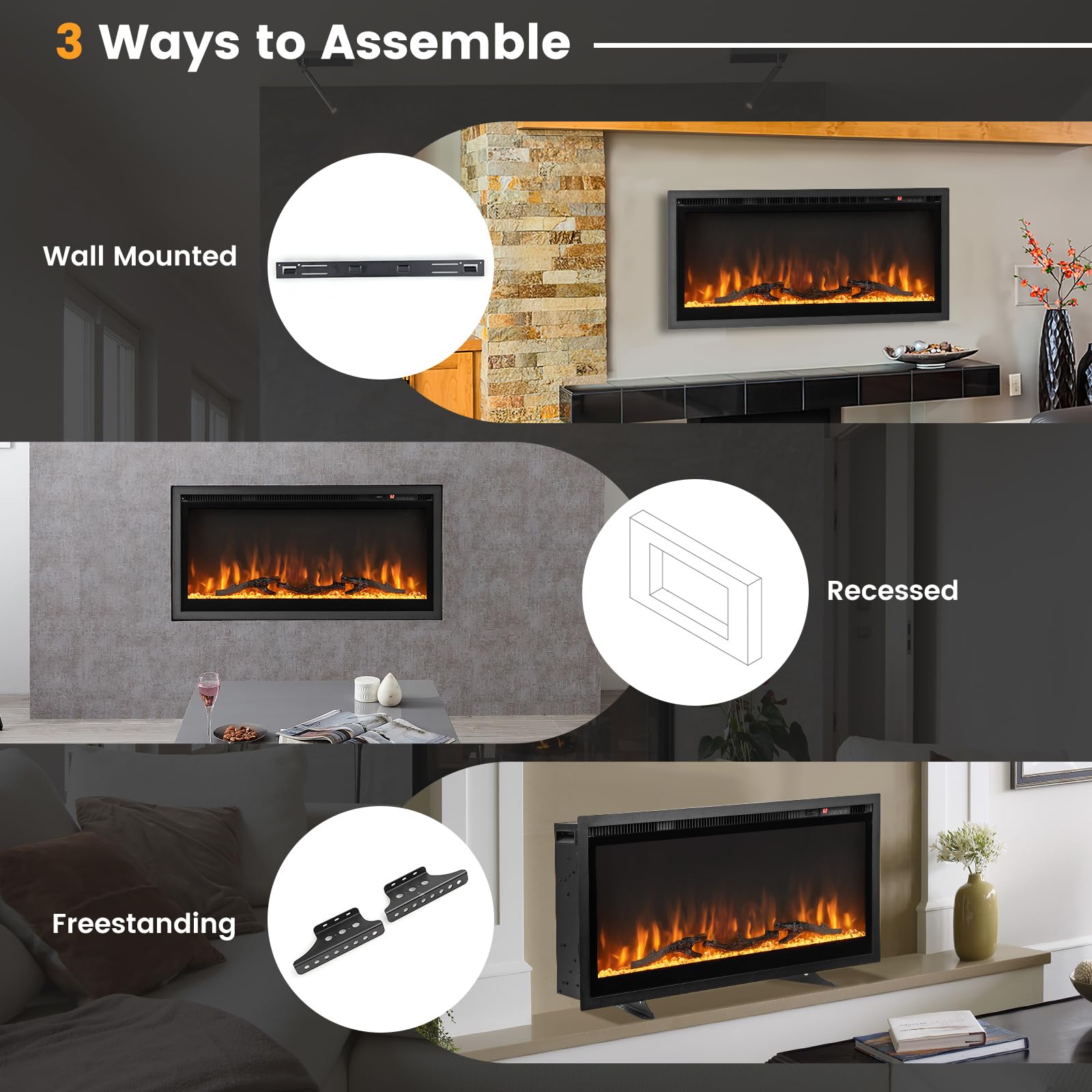 Tangkula 36 Inches Electric Fireplace in-Wall Recessed, Wall Mounted and Freestanding, 750W/1500W Linear Fireplace Heater with Remote Control, Adjustable Flame Color & Brightness (36 Inches)