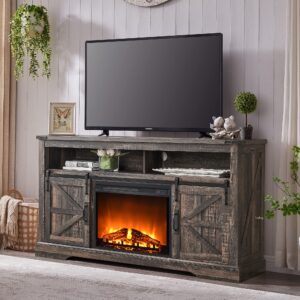 okd fireplace tv stand for 65+ inch tv, 33" tall highboy farmhouse entertainment center w/ 23'' electric fireplace, rustic media console w/sliding barn door for living room, dark rustic oak