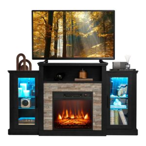 costway electric fireplace tv stand for tvs up to 65 inches, 18-inch fireplace insert with app control, remote control, 16 color lights, wooden entertainment center with adjustable shelves, black