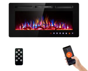 sunny flame 42" electric fireplace with wi-fi/remote control wall mounted and recessed, low noise fireplace with timer, touch screen, adjustable flame color and speed, 750w/1500w, log set & crystal