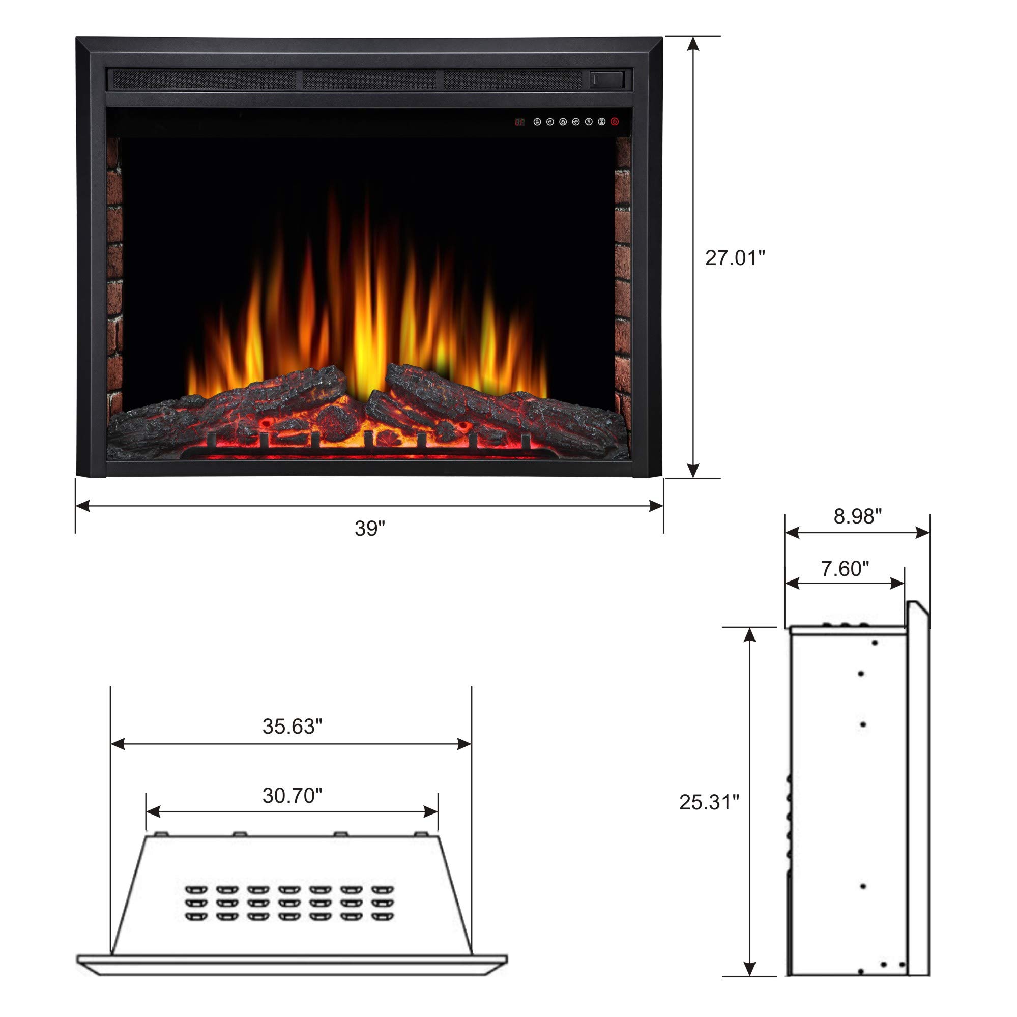 Joy Pebble 39 Inch Electric Fireplace Insert,750W/1500W Recessed Electric Fireplace Heater,Adjustable 5 Flame Color & 5 Burning logs Color,Electric Fireplace with Remote Control&Overheat Protection