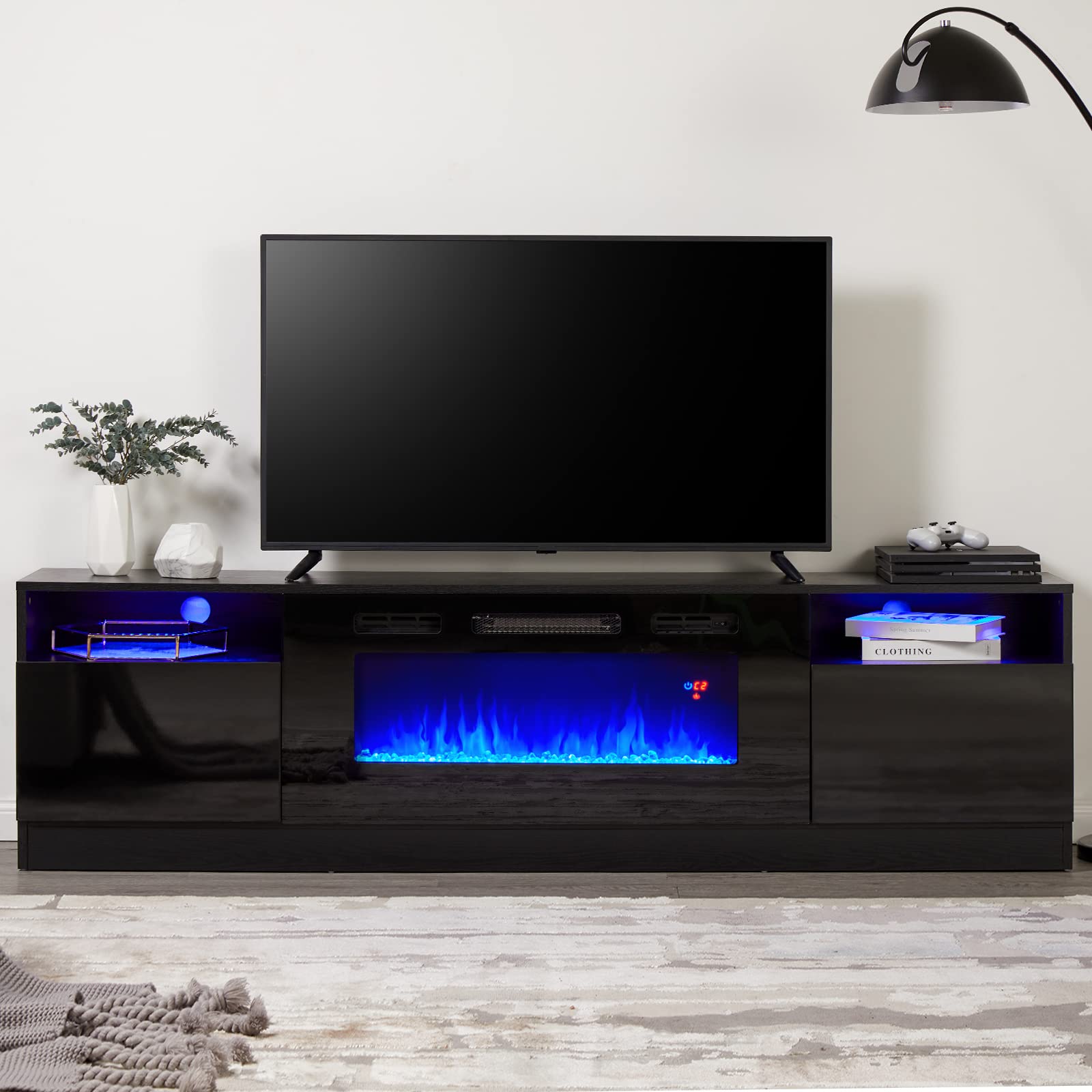 AMERLIFE 80" TV Stand with 40" Electric Fireplace Large Modern Wood Texture Media Entertainment Center with Highlight Storage Cabinet and 12 Colors LED Lights for TVs Up to 90", 80 inches, Black