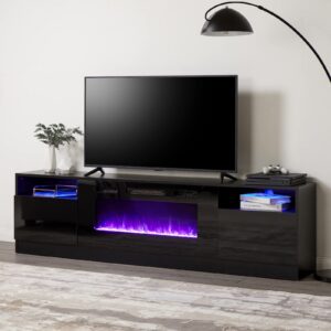 AMERLIFE 80" TV Stand with 40" Electric Fireplace Large Modern Wood Texture Media Entertainment Center with Highlight Storage Cabinet and 12 Colors LED Lights for TVs Up to 90", 80 inches, Black