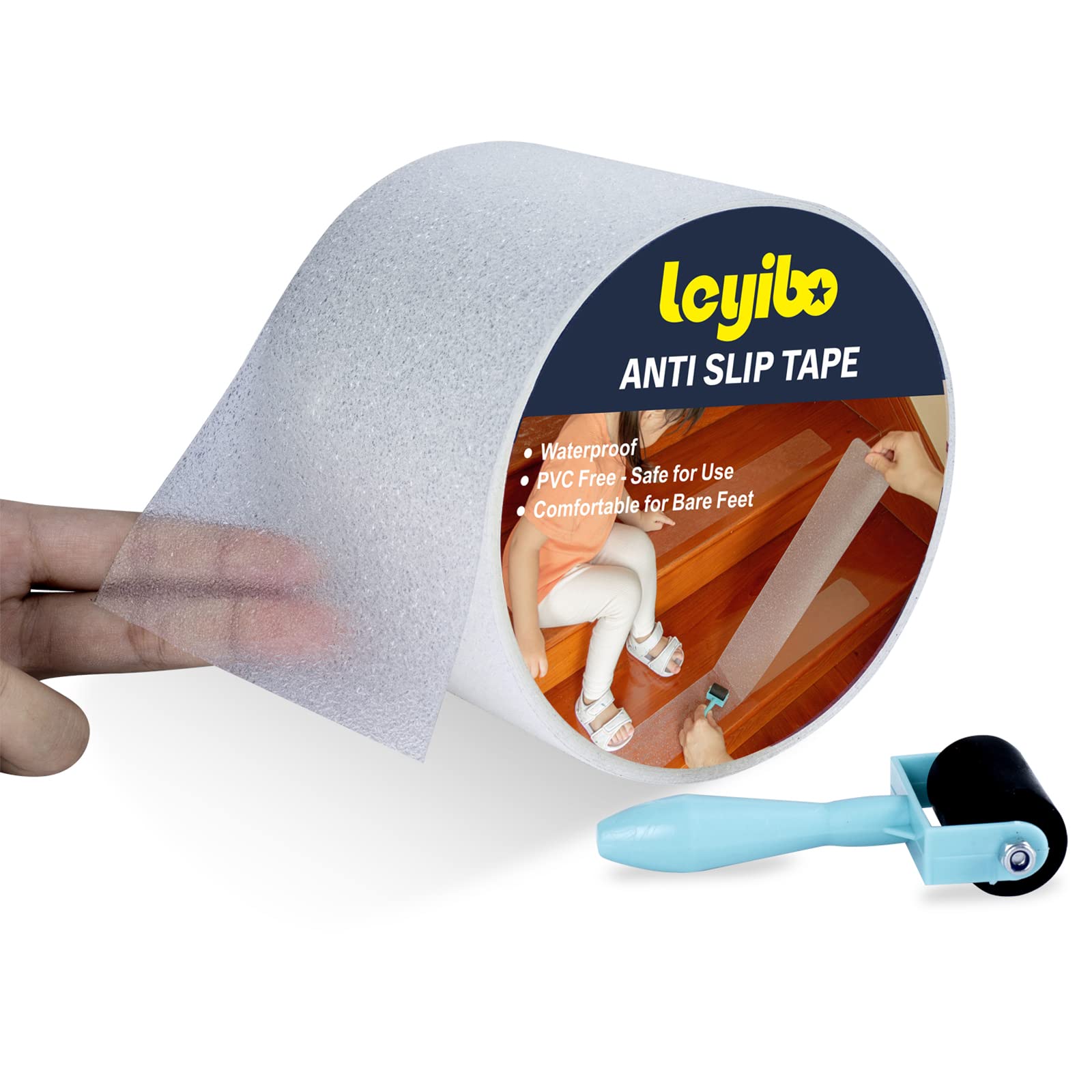 Leyibo Anti Slip Tape Clear Waterproof Outdoor/Indoor with Roller, 4" x 35Ft Non Slip Traction Grip Tape for Bathtubs, Boats, Stairs, Pools, Transparent, Soft, Comfortable for Bare Feet (4" X 35')