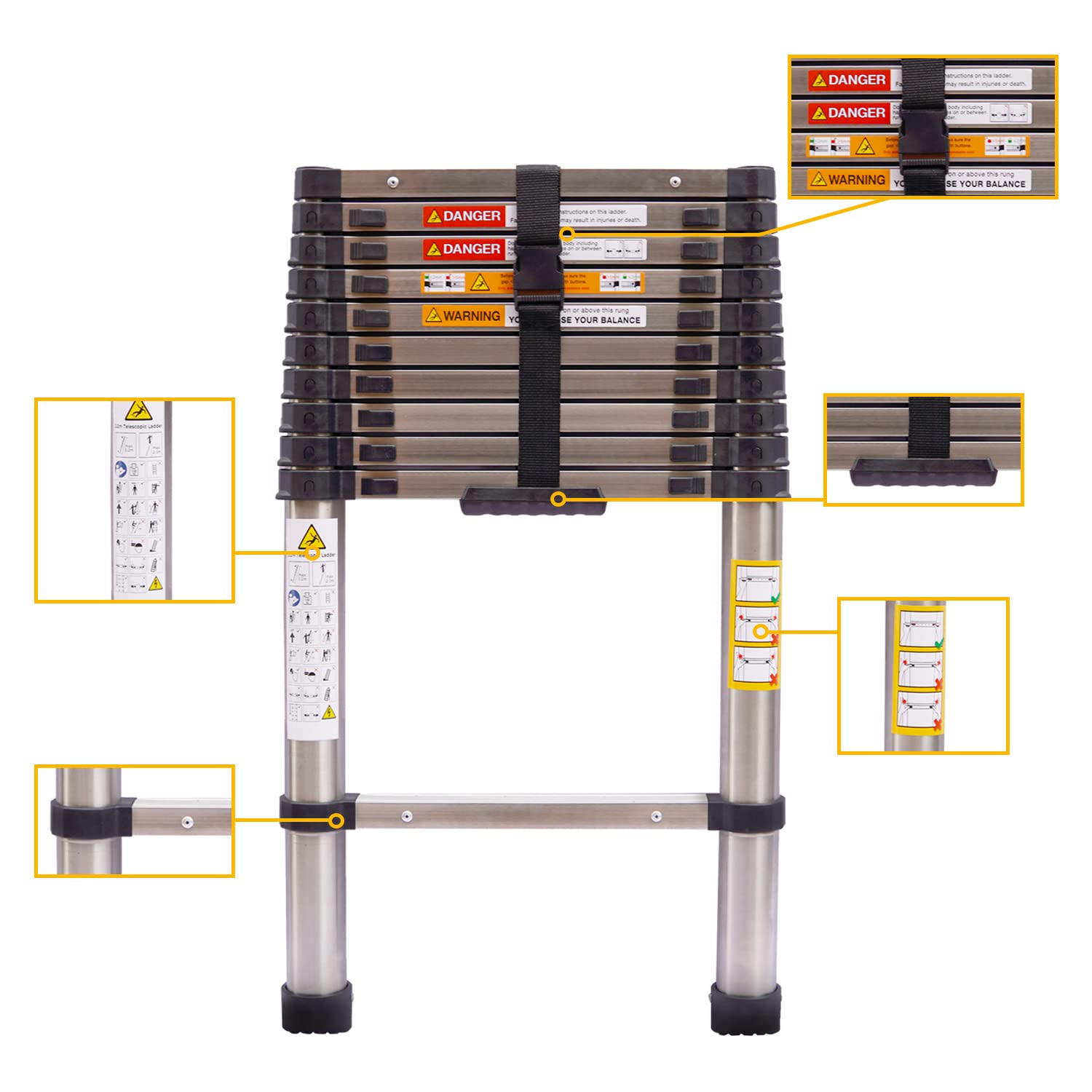 Telescopic Loft Ladder 3.2m/10.5ft Telescoping Extension Foldable Ladder Folding Attic Ladder 11 Steps for Multipurpose, 330lb Load Capacity