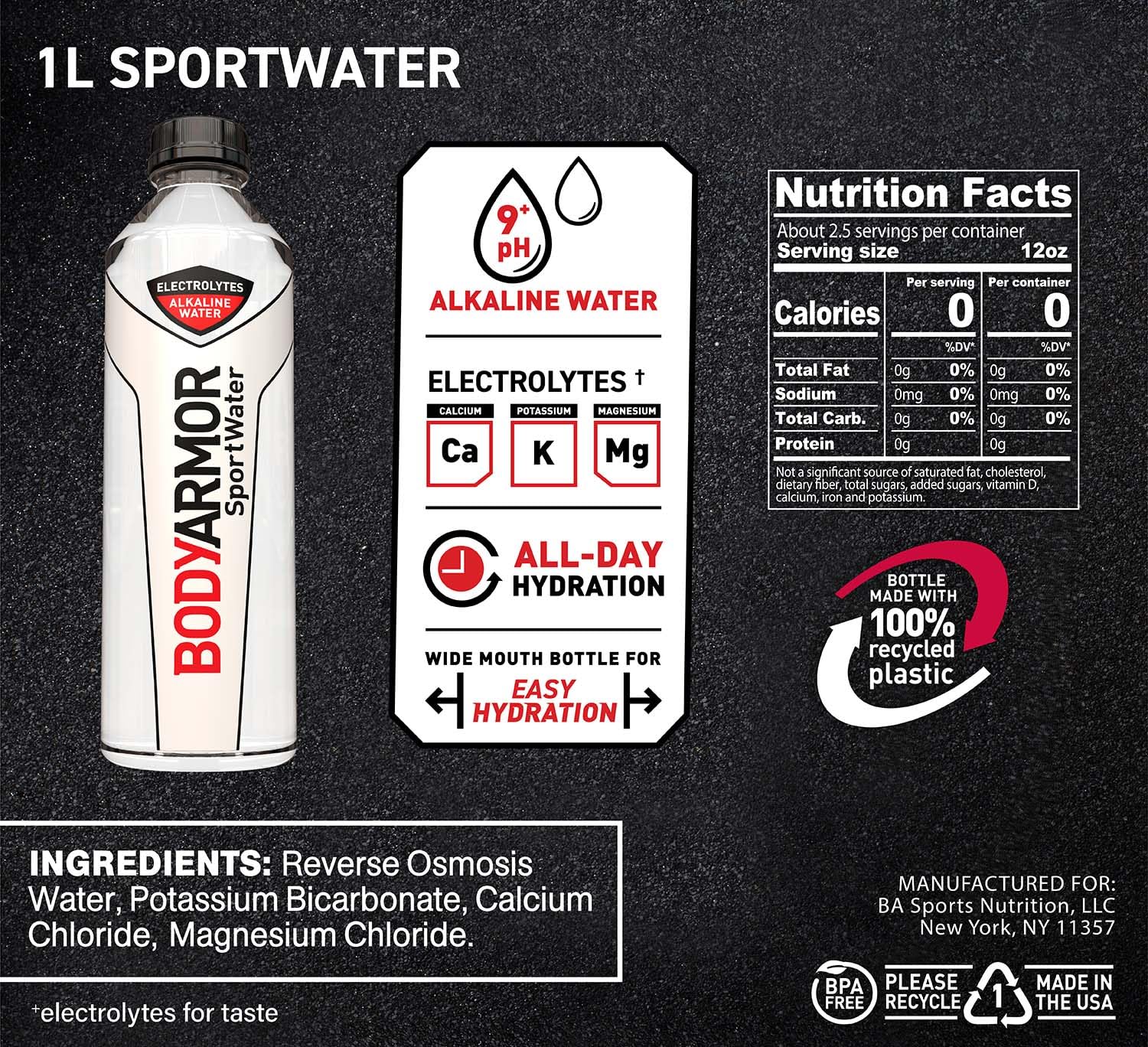 BODYARMOR SportWater Alkaline Water, Superior Hydration, High Alkaline Water pH 9+, Electrolytes, Perfect for your Active Lifestyle, 1 Liter (Pack of 6)