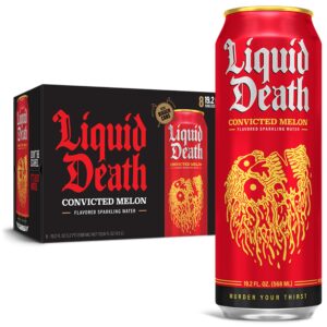 liquid death, convicted melon sparkling water, watermelon flavored sparkling beverage sweetened with real agave, low calorie & low sugar, 8-pack (king size 19.2oz cans)