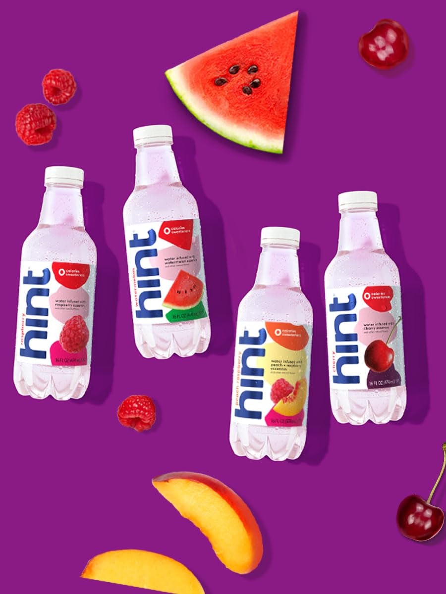 Hint Water Purple Variety Pack (Pack of 12), 16 Ounce Bottles, 3 Bottles Each of: Raspberry, Watermelon, Cherry, and Peach, Zero Calories, Zero Sugar and Zero Sweeteners