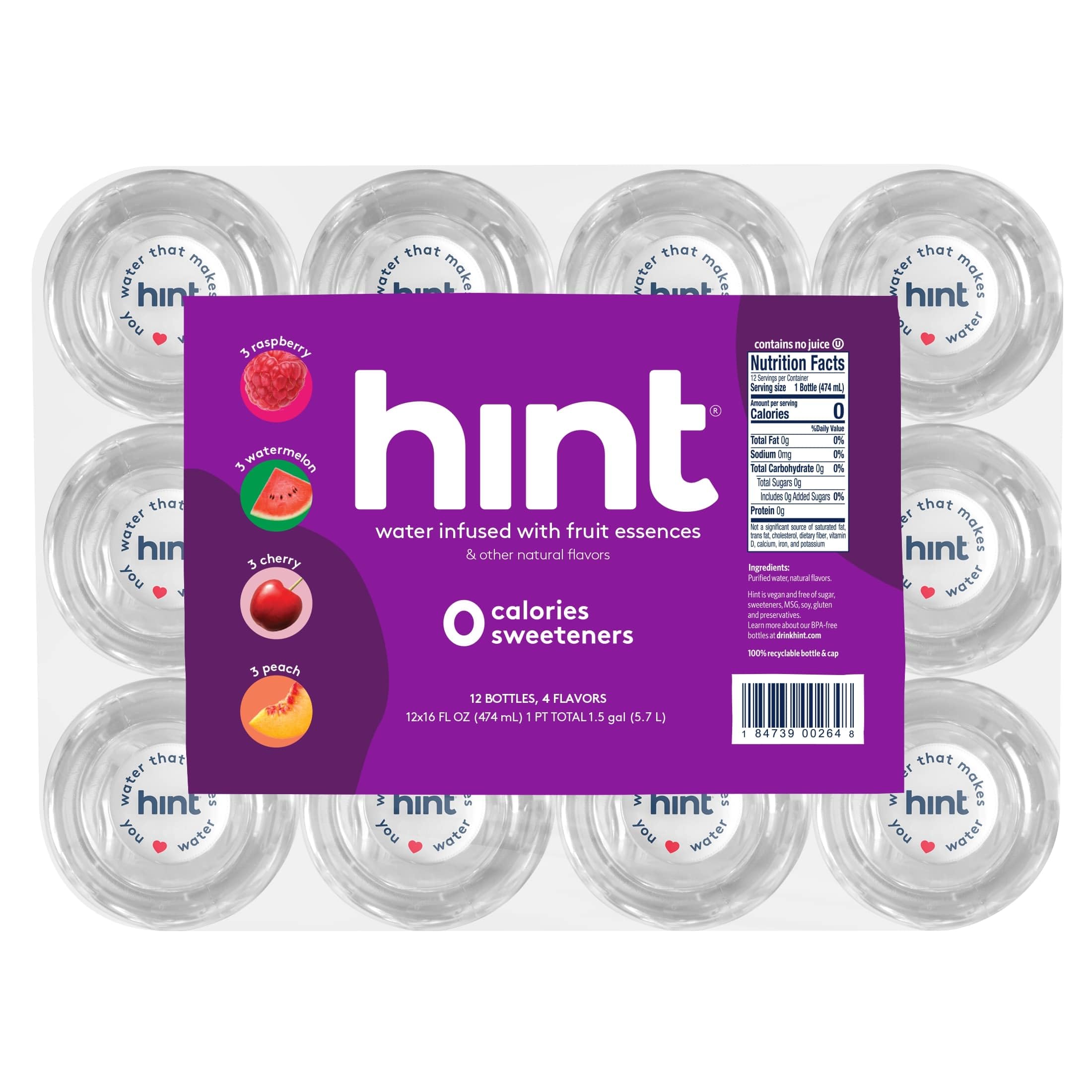 Hint Water Purple Variety Pack (Pack of 12), 16 Ounce Bottles, 3 Bottles Each of: Raspberry, Watermelon, Cherry, and Peach, Zero Calories, Zero Sugar and Zero Sweeteners