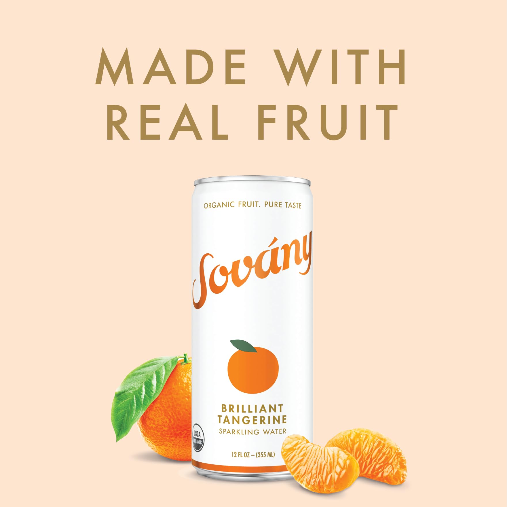 Sovány Sparkling Water, Tangerine, Seltzer Water Drinks, USDA Organic, Made With Real Fruit, Non-GMO, Vegan, No Added Sugar, Low Calorie, 12 fl oz, 12 Pack