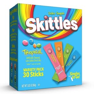 skittles singles to go tropical variety pack, watertok powdered drink mix, includes 4 flavors, strawberry starfruit, mango tangelo, kiwi lime, pineapple passionfruit, 1 box (30 servings)