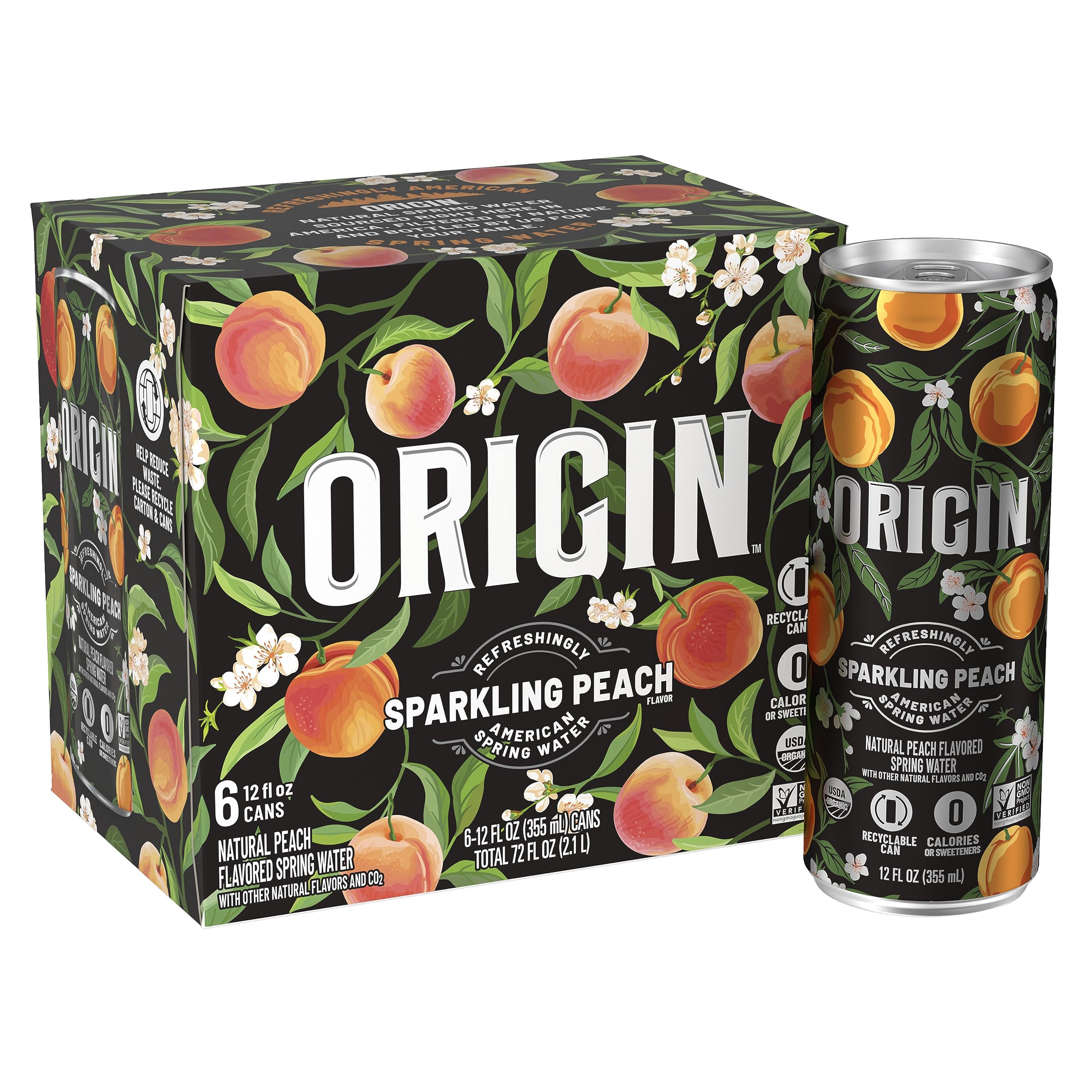 ORIGIN Organic & Non-GMO Peach Flavor Sparkling Water, 12 Fl Oz, Recyclable Aluminum Cans (6 Count)