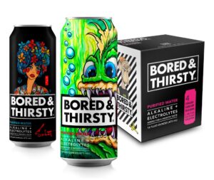 bored & thirsty ionized alkaline water with electrolytes & trace minerals for a smooth taste. limited edition art collabs 100% recyclable 16 fl oz aluminum cans (4 pack). stop single use plastic!