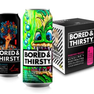 Bored & Thirsty Ionized Alkaline Water with Electrolytes & Trace Minerals for a Smooth Taste. Limited Edition Art Collabs 100% Recyclable 16 Fl Oz Aluminum Cans (4 Pack). Stop Single Use Plastic!