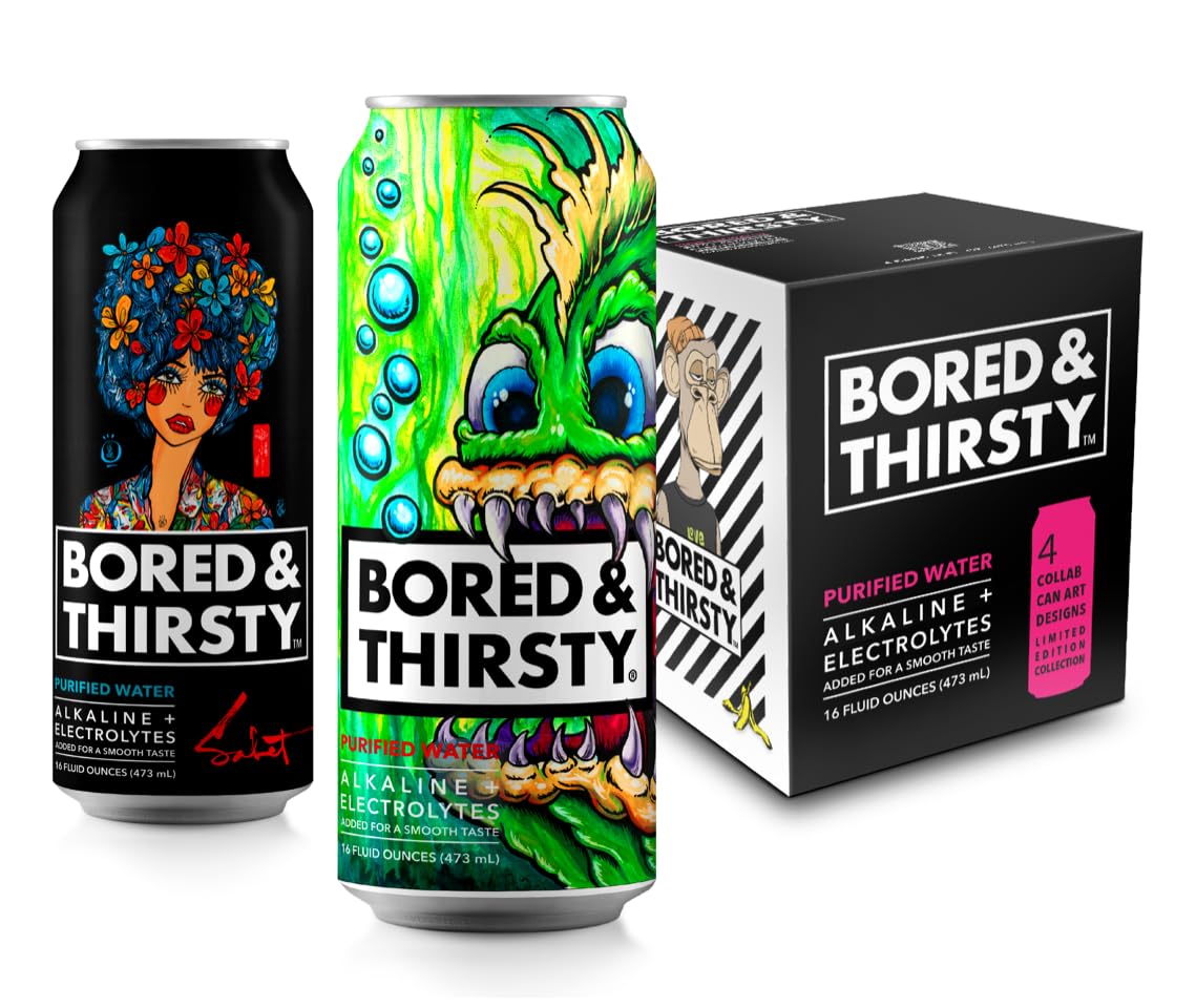 Bored & Thirsty Ionized Alkaline Water with Electrolytes & Trace Minerals for a Smooth Taste. Limited Edition Art Collabs 100% Recyclable 16 Fl Oz Aluminum Cans (4 Pack). Stop Single Use Plastic!