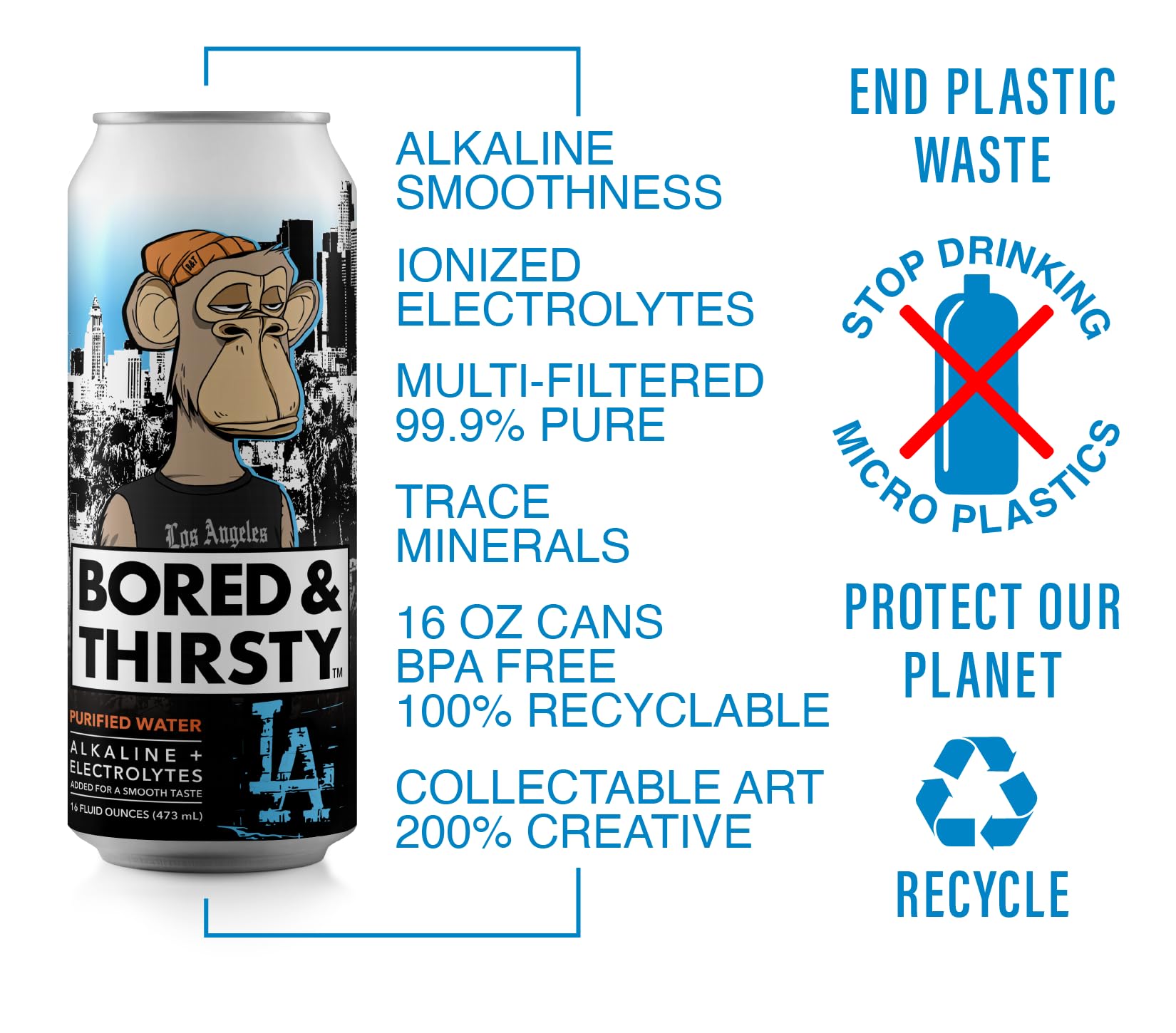 Bored & Thirsty Ionized Alkaline Water with Electrolytes & Trace Minerals for a Smooth Taste. Limited Edition Art Collabs 100% Recyclable 16 Fl Oz Aluminum Cans (4 Pack). Stop Single Use Plastic!