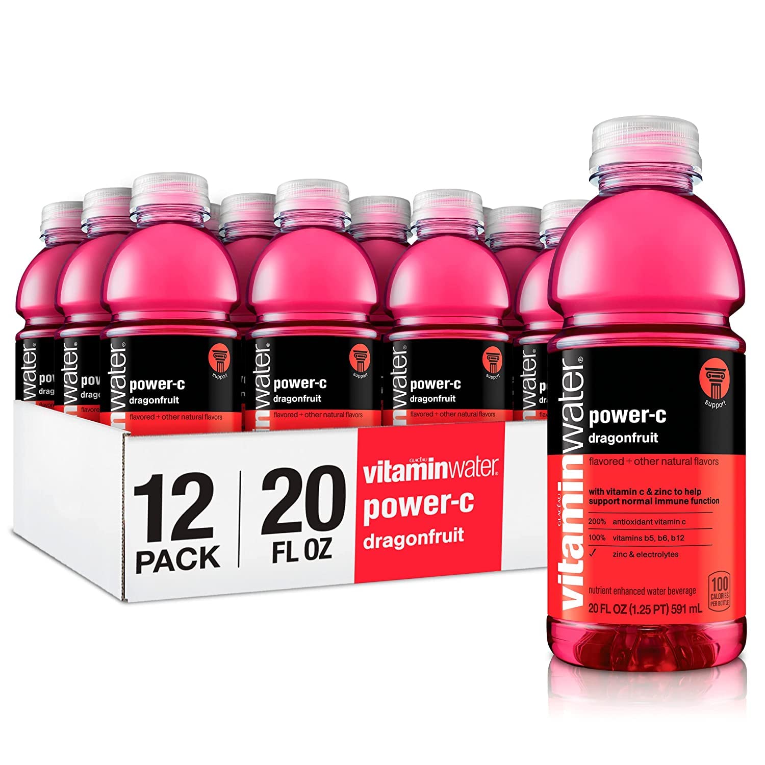 Vitamin Water Energy, Nutrient Enhanced Water Beverage, Electrolyte Enhanced Bottled Water - 20 Fl Oz (Pack of 12) (Power-C Dragonfruit)