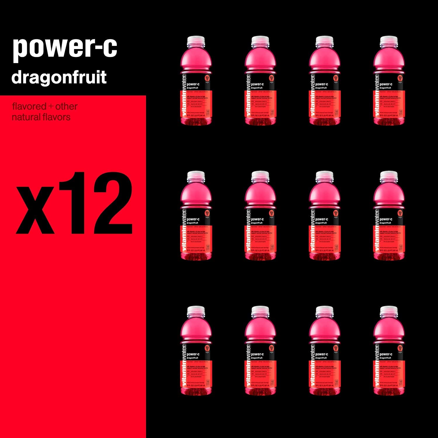 Vitamin Water Energy, Nutrient Enhanced Water Beverage, Electrolyte Enhanced Bottled Water - 20 Fl Oz (Pack of 12) (Power-C Dragonfruit)