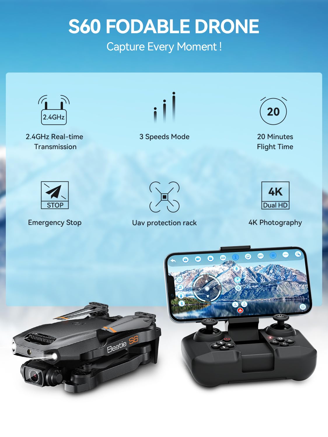 Drone with Camera for Adults 4K - ROVPRO Dual Camera S60 RC Quadcopter with APP Control - Obstacle Avoidance, Waypoint Fly, Altitude Hold, Roll Mode, Headless Mode, 2 Batteries (Black)