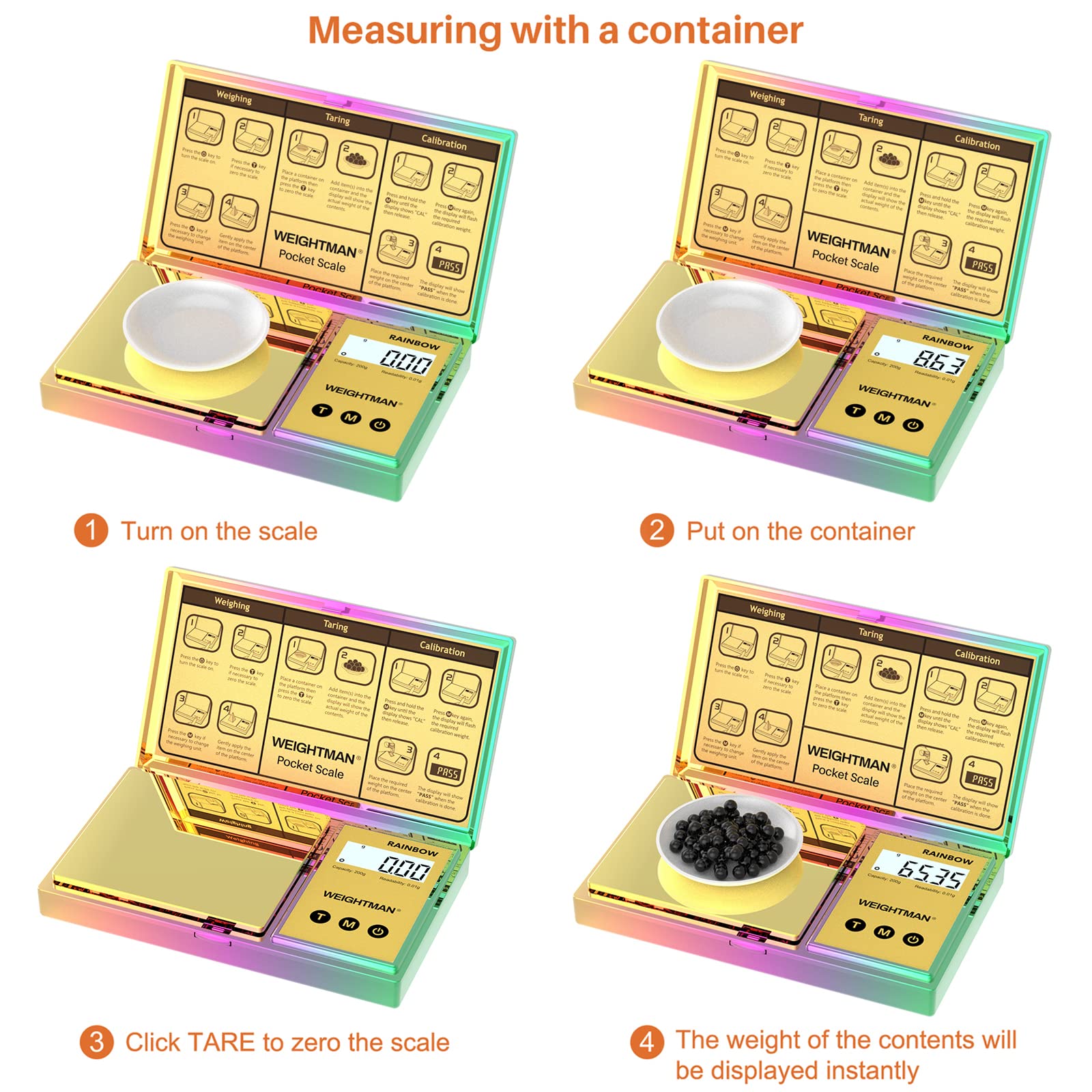 WEIGHTMAN Shiny Digital Gram Scale 200g x 0.01, Chrome Rainbow Mini Scale for Food Ounces and Grams, Iridescent Plating Pocket Scale, Small Jewelry Scale, Travel Scale, Backlit LCD, 6 Units