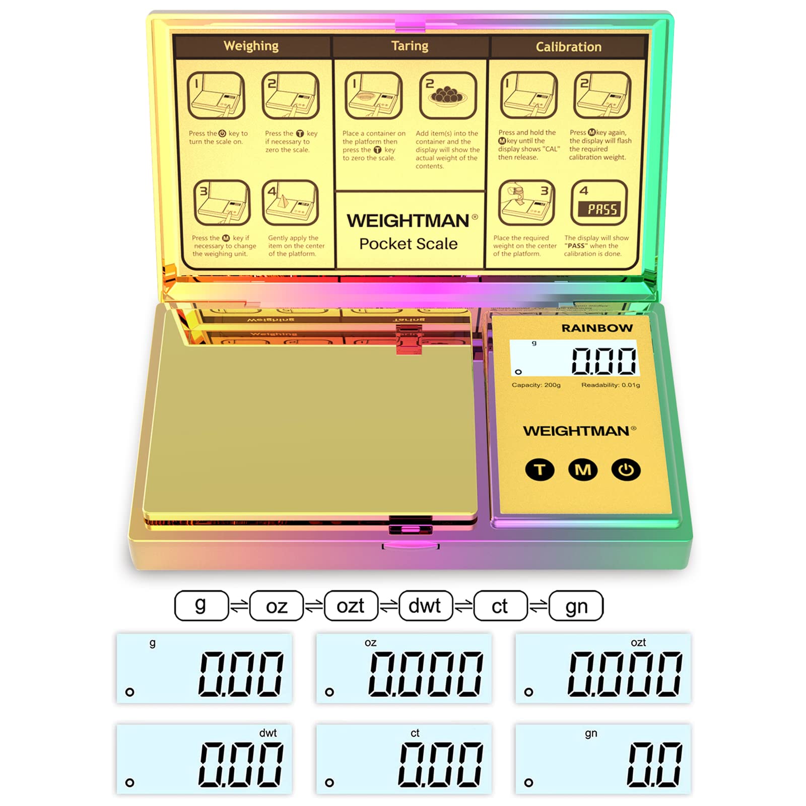 WEIGHTMAN Shiny Digital Gram Scale 200g x 0.01, Chrome Rainbow Mini Scale for Food Ounces and Grams, Iridescent Plating Pocket Scale, Small Jewelry Scale, Travel Scale, Backlit LCD, 6 Units