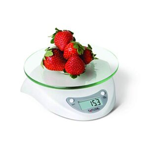 taylor digital kitchen scale with glass platform, tare button, and plastic body weighs up to 11 pounds capacity, white