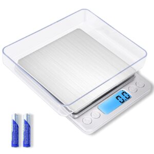 yoncon small digital food scale ounce/oz and gram scale, kitchen scale 3000g/0.1g high precision for baking, soap making, jewelry, includes 2 trays and batteries, 9 units, tare function, easy to store