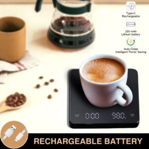 Coffee Scale with Timer, Rechargeable Espresso Coffee Scale, 3kg/0.1g High Precision Digital Coffee Scale, Kitchen Food Scale with Invisible Screen, Measures in g/oz/ml (Black)