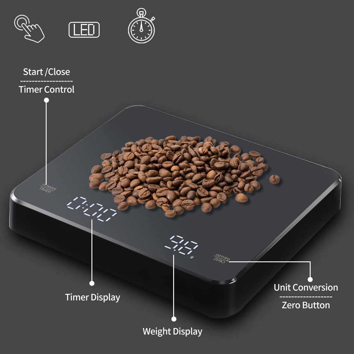 Coffee Scale with Timer, Rechargeable Espresso Coffee Scale, 3kg/0.1g High Precision Digital Coffee Scale, Kitchen Food Scale with Invisible Screen, Measures in g/oz/ml (Black)