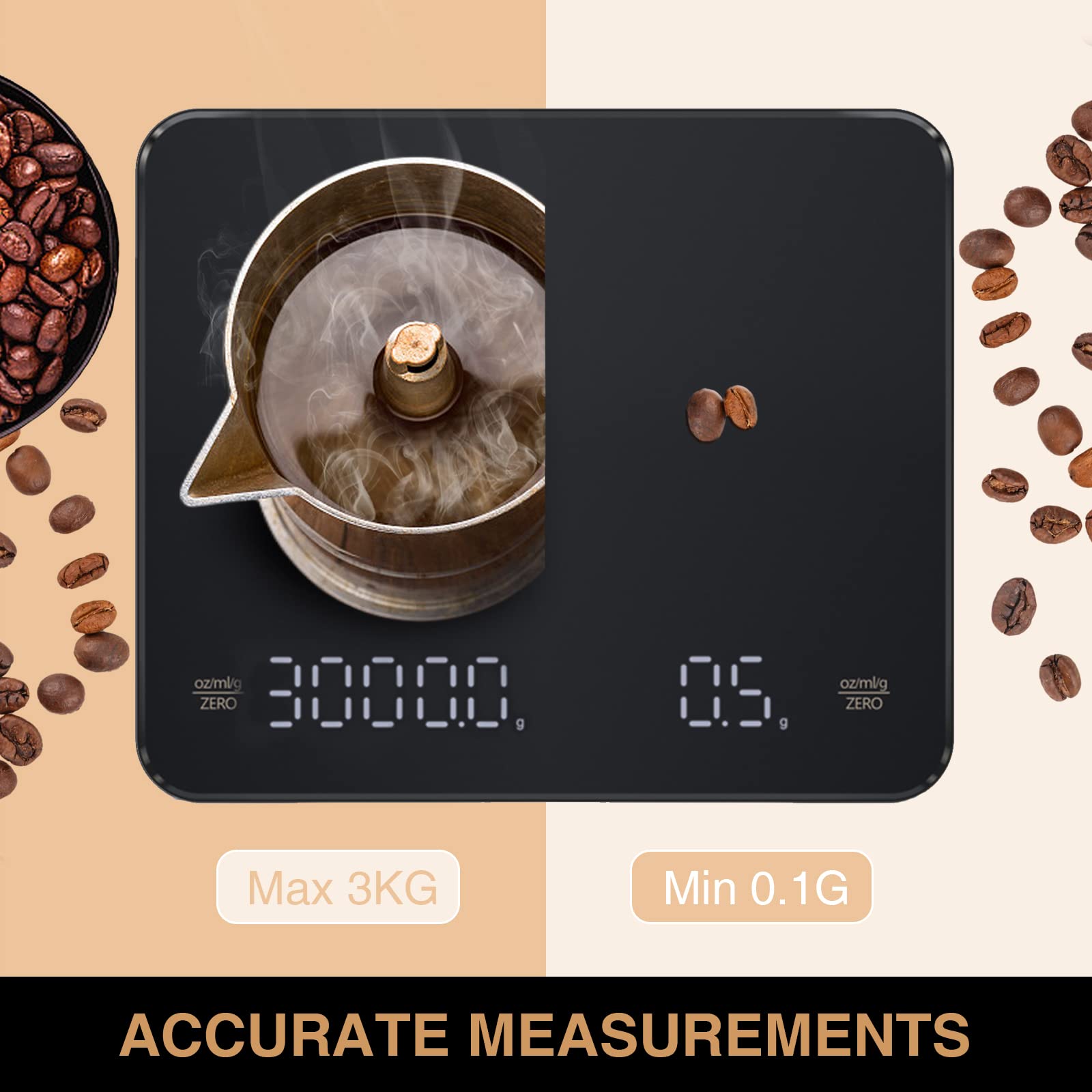 Coffee Scale with Timer, Rechargeable Espresso Coffee Scale, 3kg/0.1g High Precision Digital Coffee Scale, Kitchen Food Scale with Invisible Screen, Measures in g/oz/ml (Black)