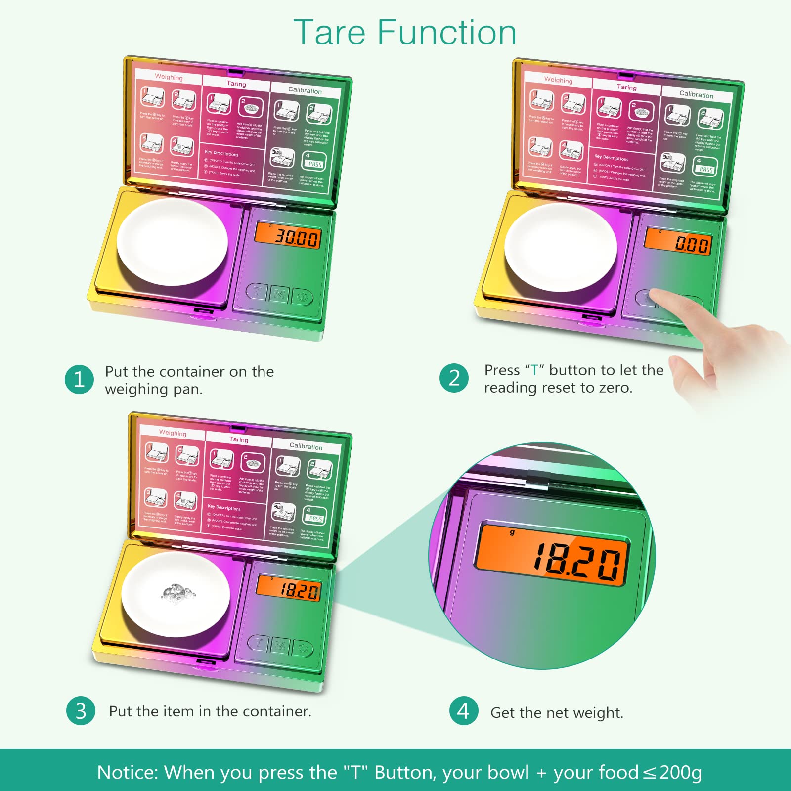 ORIA Digital Pocket Scale, 200g/0.01g Digital Gram Scale, Jewelry Scale, Food Scale, with 6 Units, LCD Display, Unique Colorful Design, Batteries Included