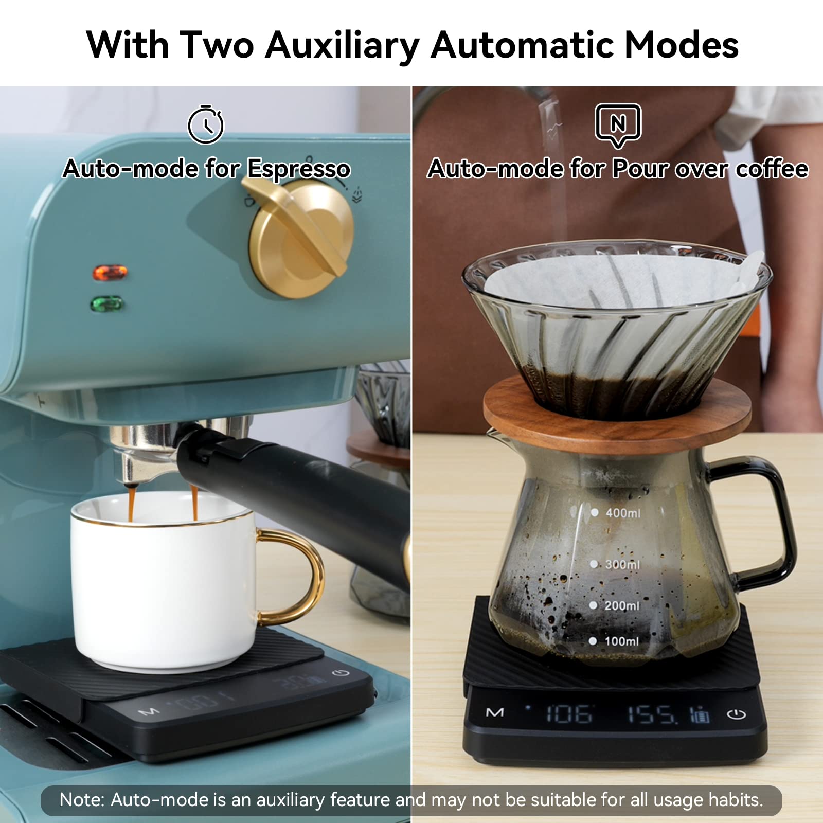 BOMATA Coffee Scale with Auto Timer for Espresso and Pour Over Coffee, 2kg/0.1g, Type-C Rechargeable, Tare Function, LED Display，Waterproof Surface...CS120